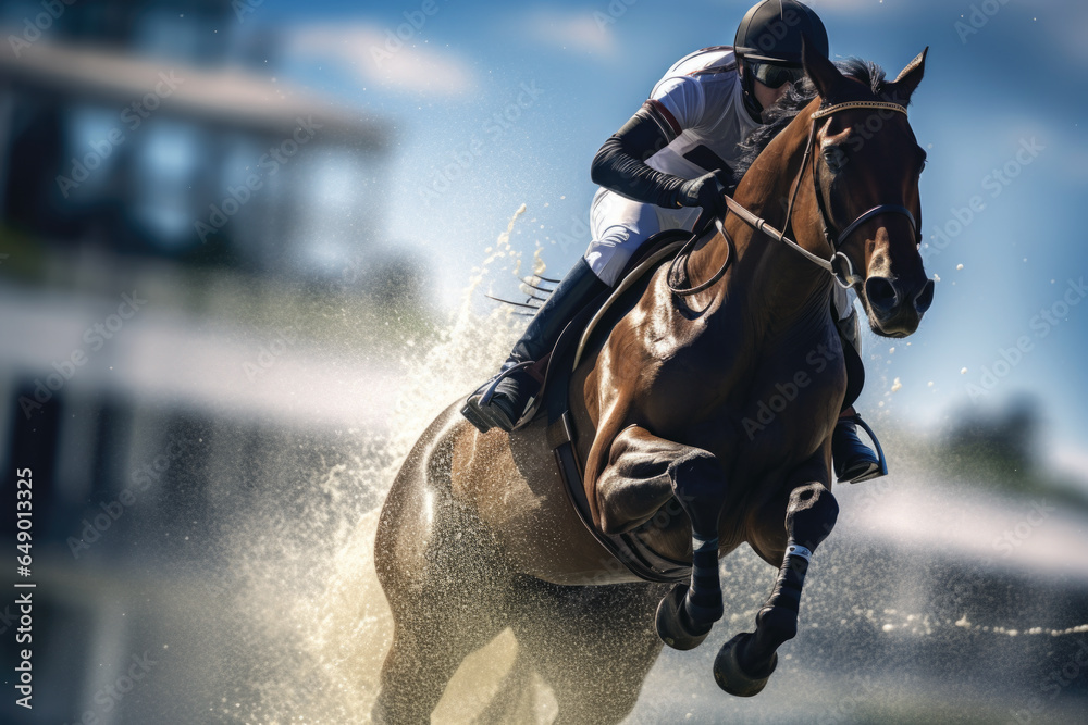 Horse races, jockey and his horse running towards finish line. Stock ...