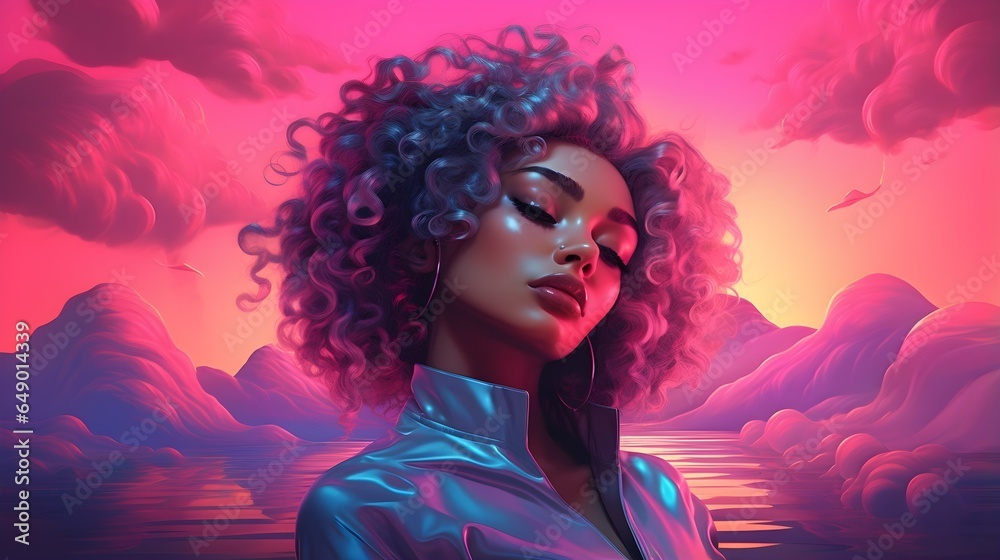 Synthwave Woman in Blue Jacket Standing in a Fantasy World. Surreal ...