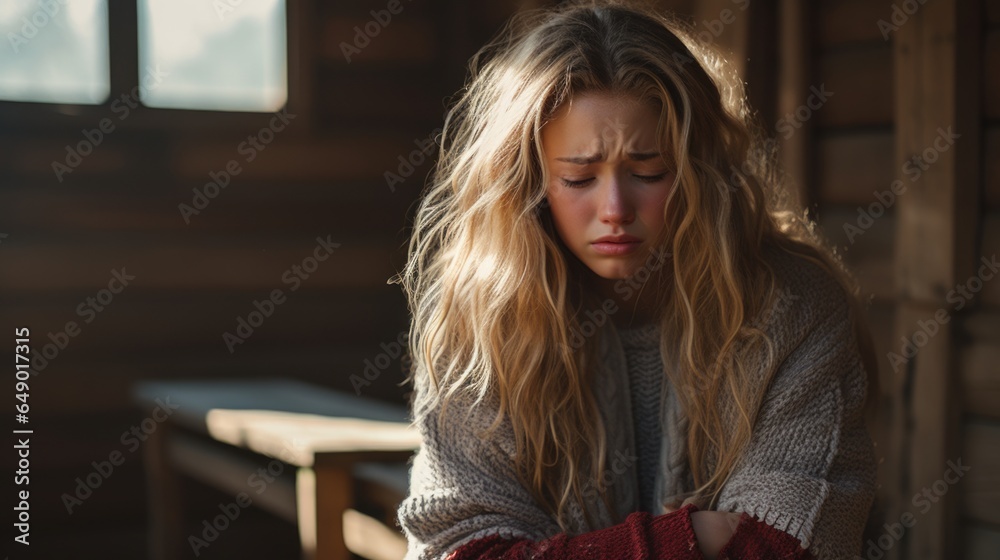 Young girl with beautiful blonde hair crying and feeling sad, sitting ...