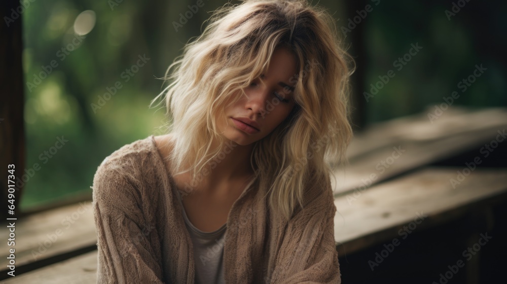 Young girl with beautiful blonde hair crying and feeling sad, sitting ...