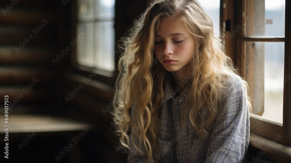 Young girl with beautiful blonde hair crying and feeling sad, sitting ...
