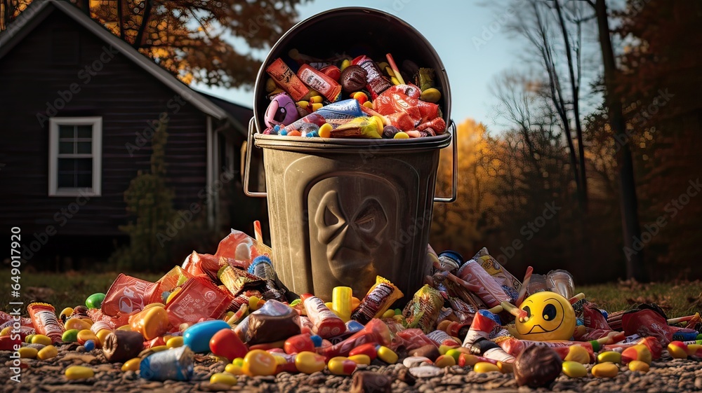 Excessive halloween candy waste in the trash can. The day after ...