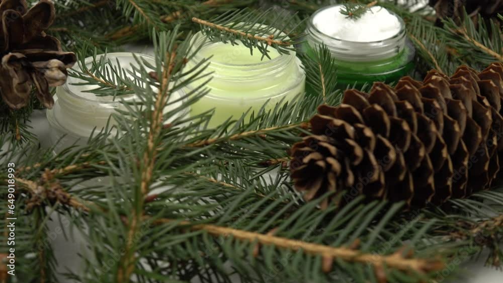 Cosmetic products on the basis of pine tree products are on the white ...