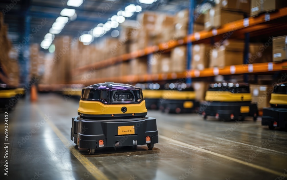 Automated Robot Carriers In Smart Distribution Warehouse. Generative AI ...