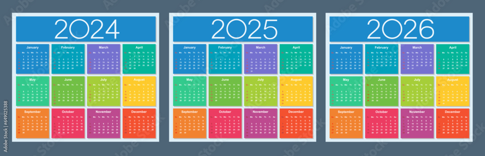Colorful calendar for 2024, 2025 and 2026 years. Week starts on Sunday ...