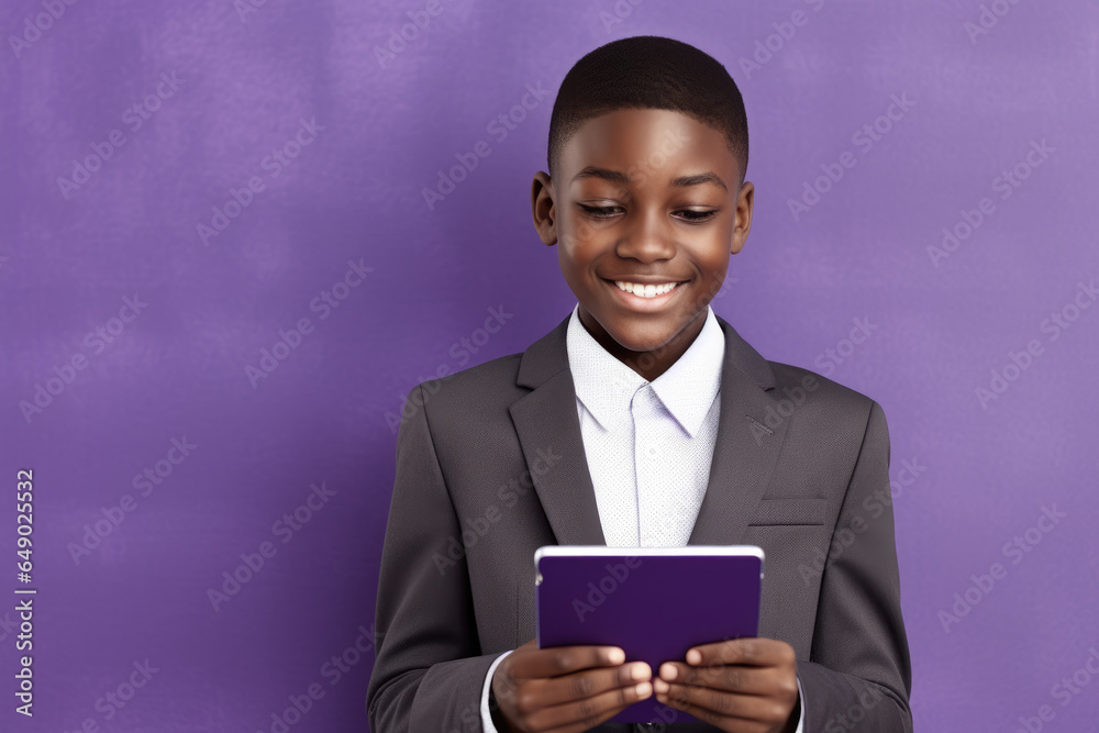 Young boy dressed in suit holding tablet computer. This image can be ...