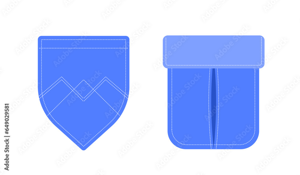 Pocket types set. Blue elements of jeans and denim clothing. Apparel ...