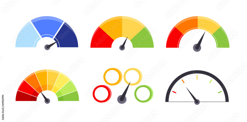 Set of speedometers concept. Indicators and gauge meters for dashboard ...