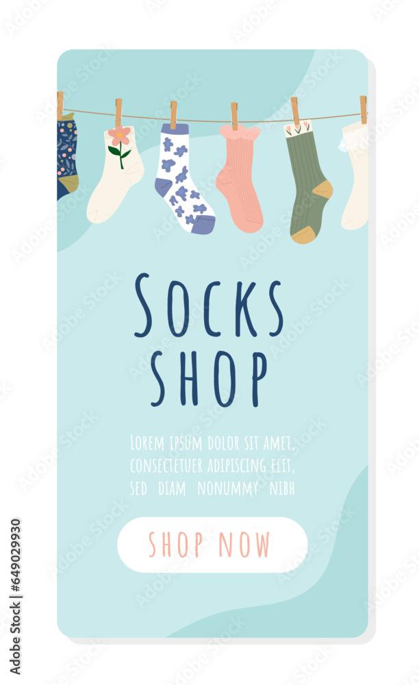 Banner with socks concept. Knitted wear and apparels at rope. Laundry ...