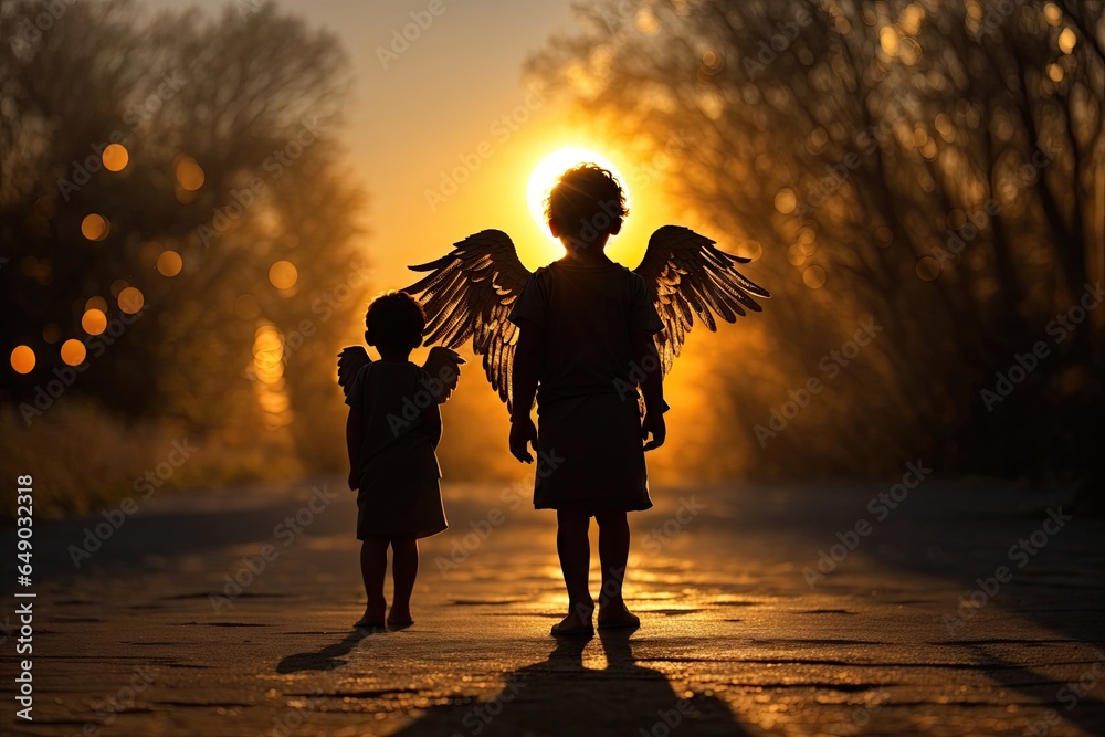 silhuette Angel child with his shadow as an angel. ai generative Stock ...