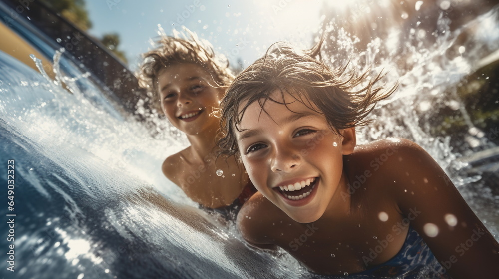 Action shot of children in swimsuits sliding down a winding water slide ...