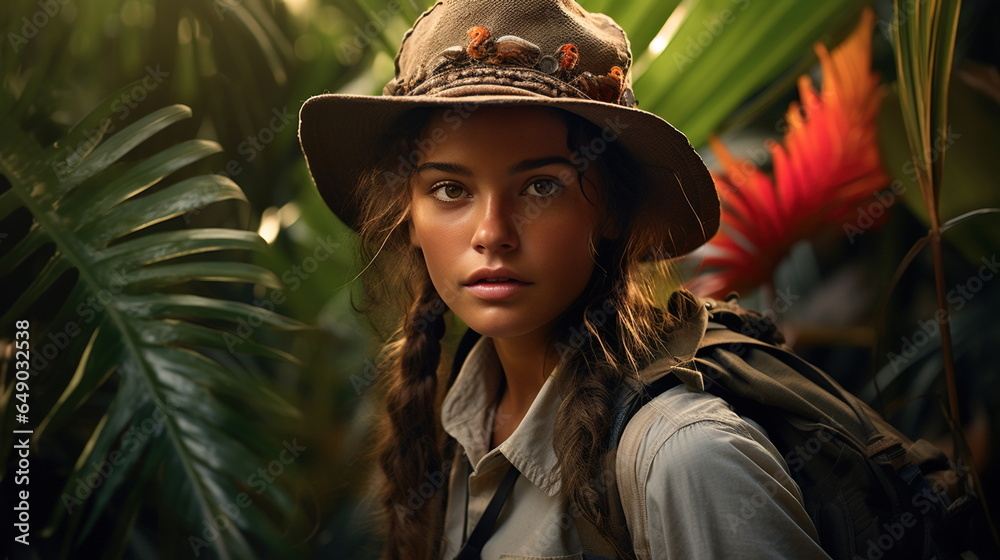 A girl with brown eyes, dressed in an explorer's outfit, cargo pants ...