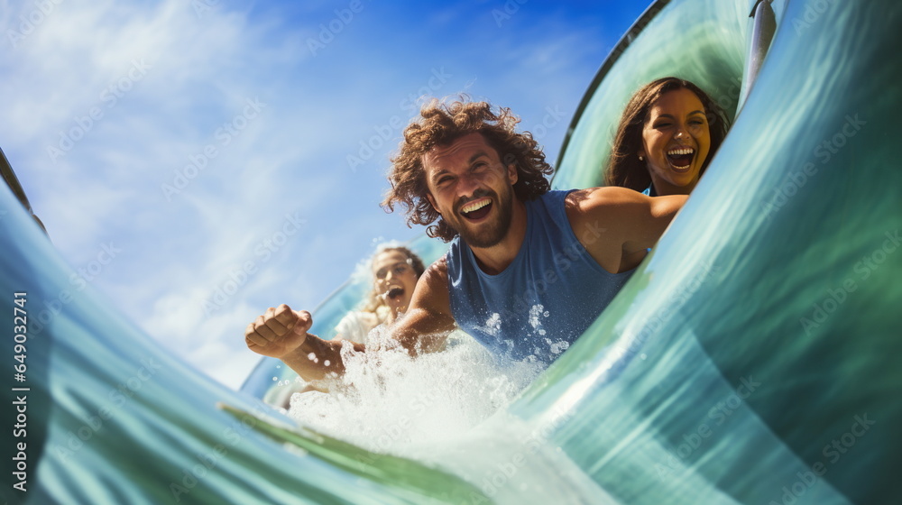 Dynamic shot of a man and woman in swimsuits rolling down a winding ...