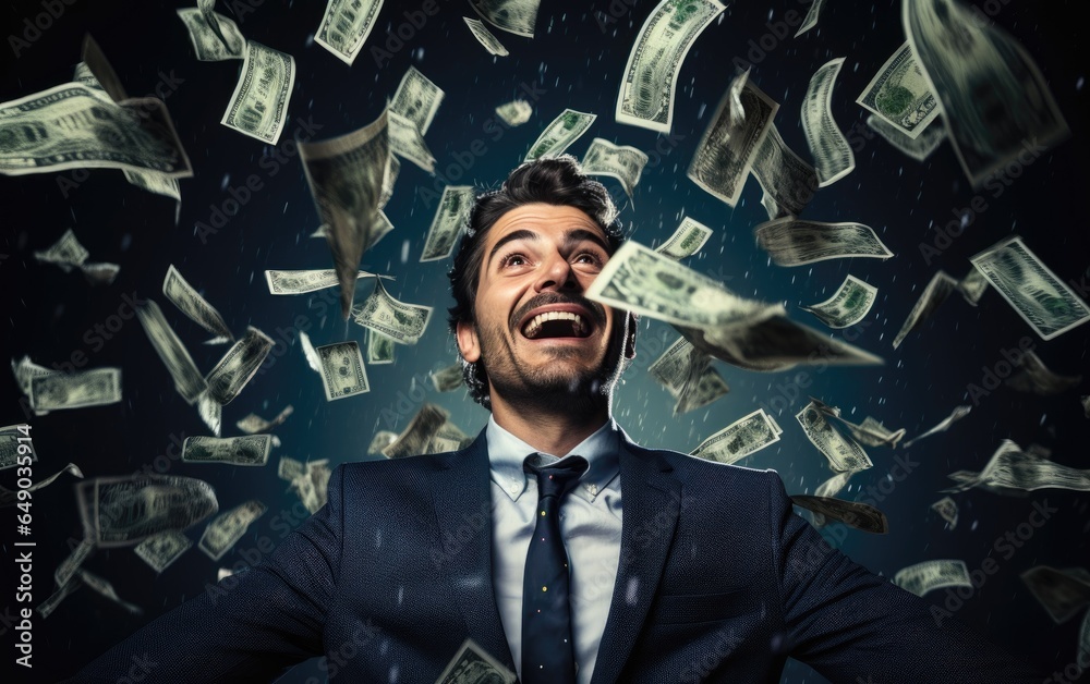 Happy smiling laughing rich businessman in a business suit sits at his ...