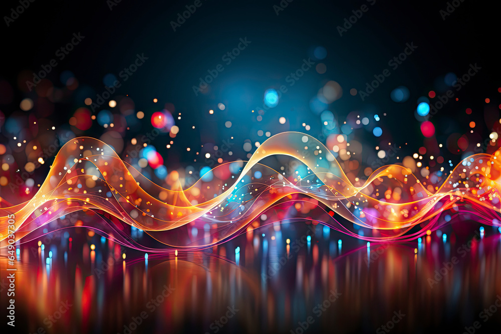 Sound musical waves oscillating dark blue red yellow light, Abstract ...