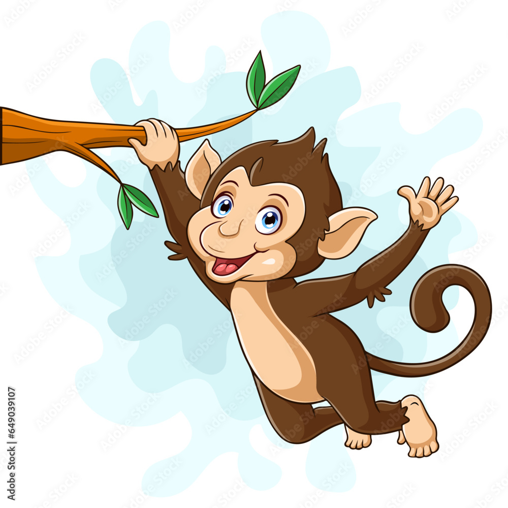 Cartoon monkey hanging in tree branch Stock Vector | Adobe Stock