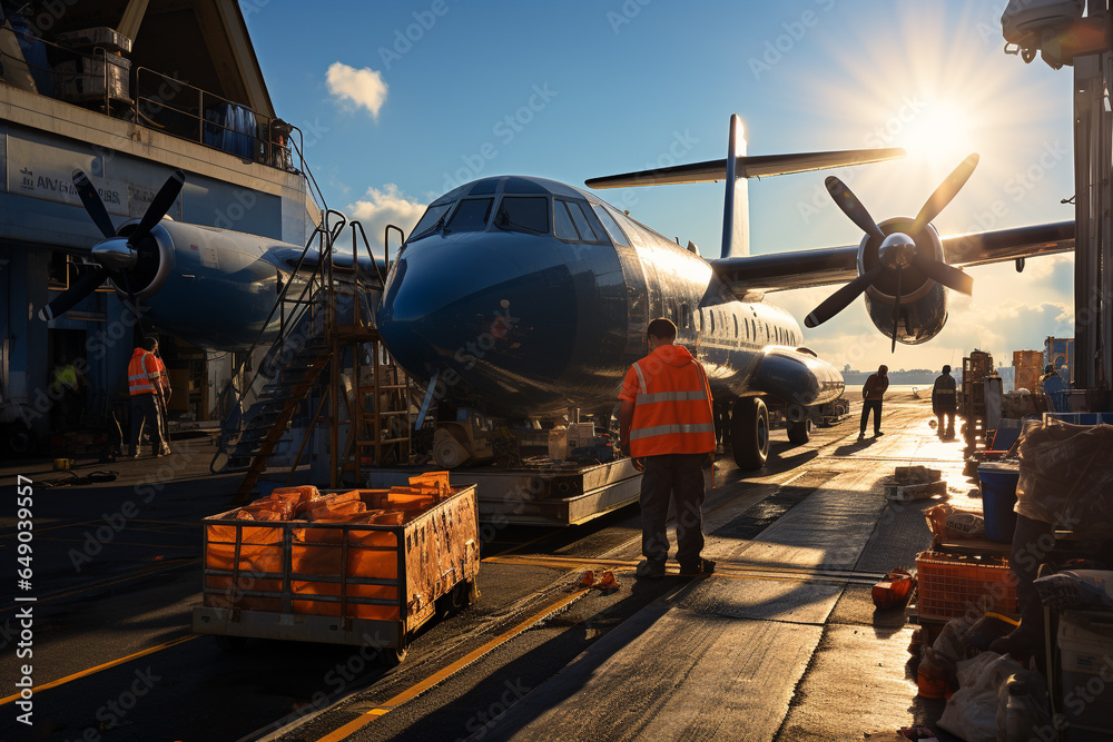 Transport plane at the airport. Workers load goods and cargo onto the ...
