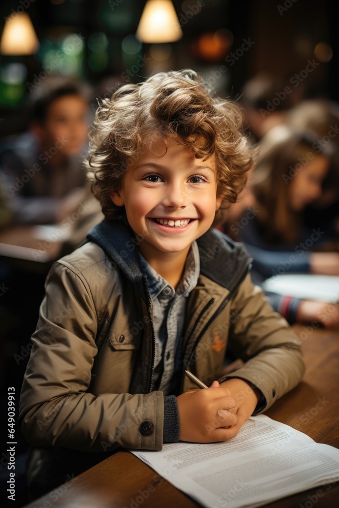 Young cute boy smiling studying in the classroom sitting at the desk ...