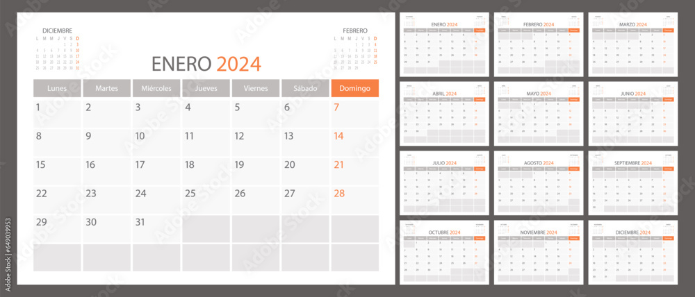 Vetor de Spanish calendar planner 2024 vector, schedule month calender ...