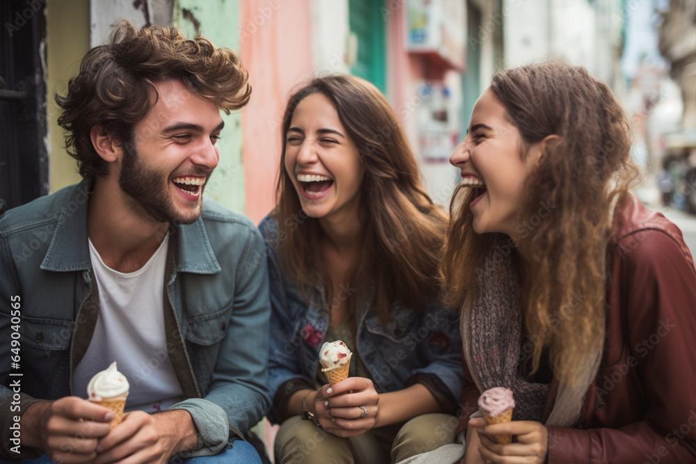 Friends having ice cream while talking, 3 people eating ice cream ...