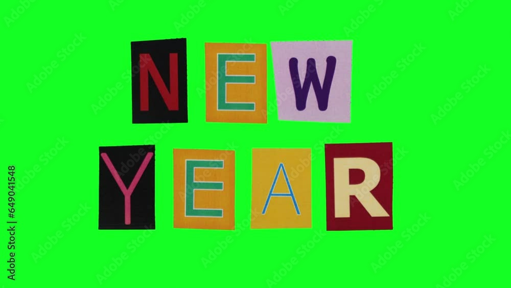 New Year word cartoon animation in multicolored letters of crumpled ...