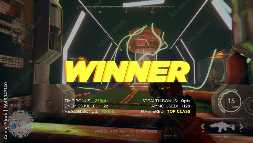 Gamer receiving winner screen after killing all enemies and finishing ...