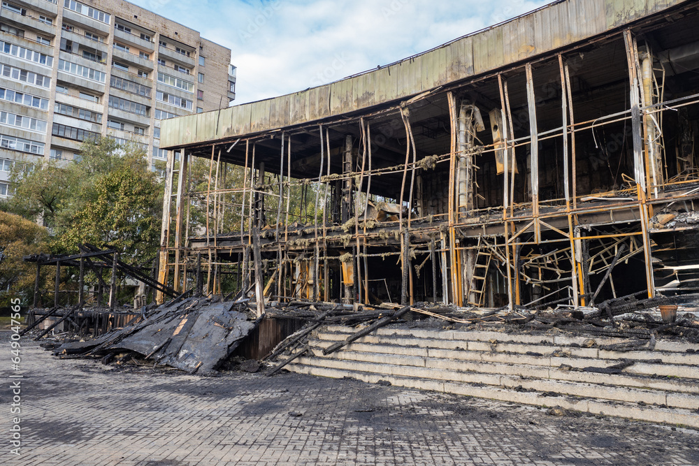 Building destroyed by fire. Two-story house was destroyed. Wreckage ...