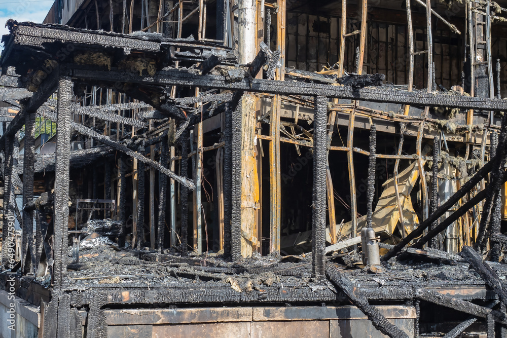 Foto de Building after explosion. Ruins house. Destroyed cottage. Burnt ...