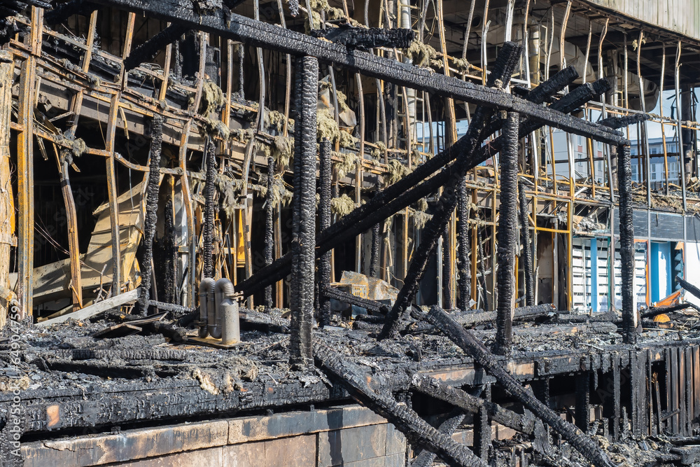 Burnt house. Building after explosion and fire. Two-story house was ...