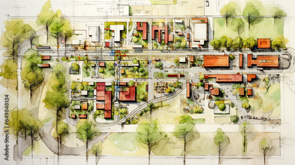 Urban planning sketch drawing, highlighting sustainable elements like ...