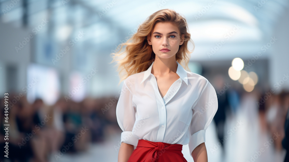 Elegant beautiful model walking on catwalk runway posing for fashion ...