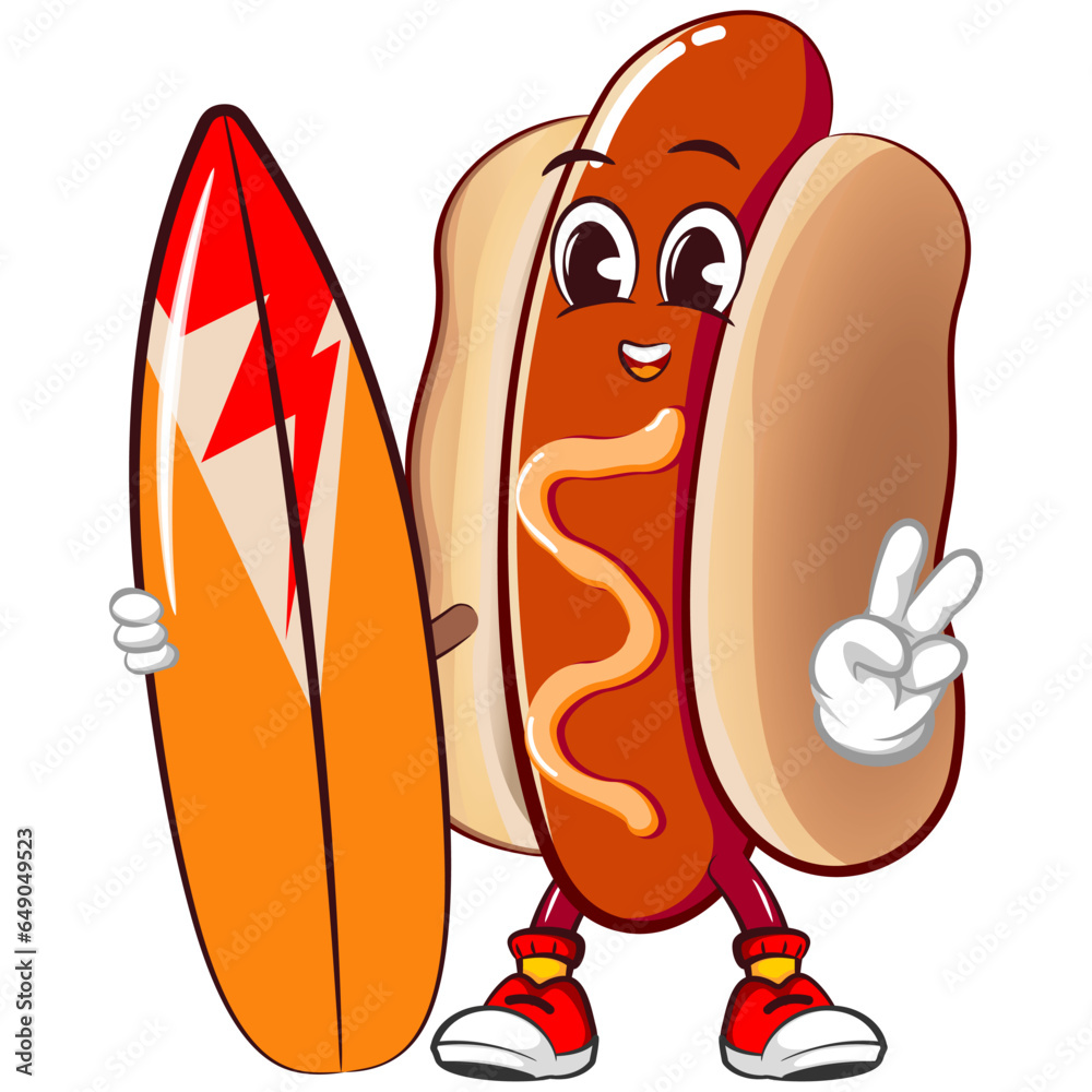 cute happy hot dog mascot carrying a surfboard while showing peace sign ...