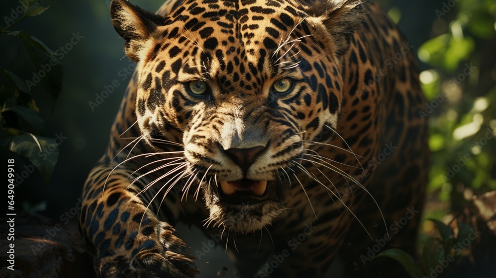 A powerful jaguar, its muscular form poised for a leap in the lush ...