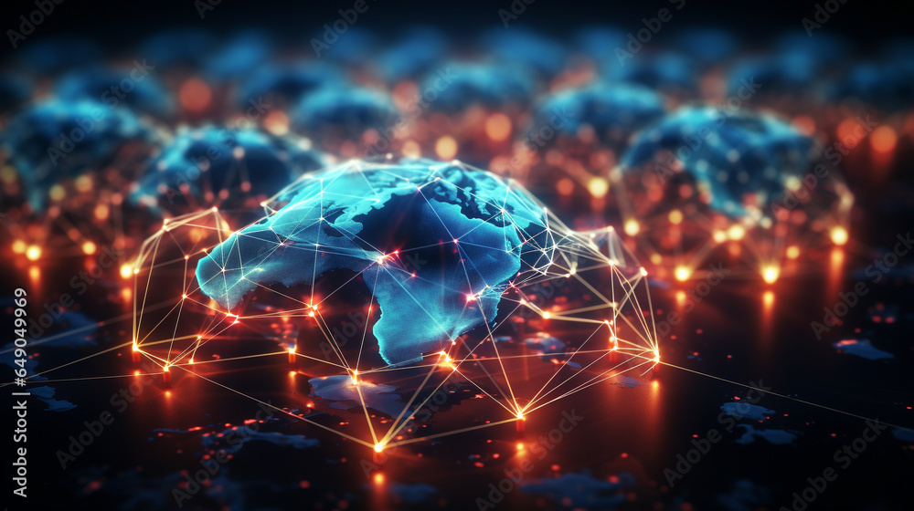 Blockchain nodes linking continents on holographic globe Stock ...