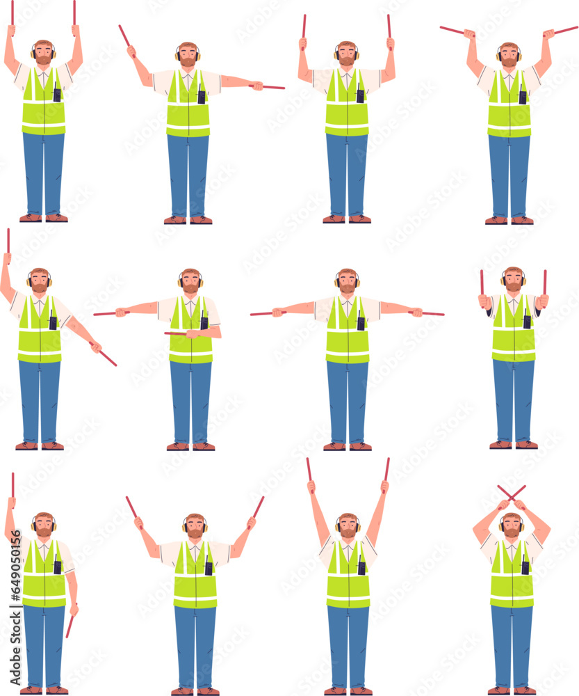 Marshaller signals. Aircraft marshalling hand signal for safety landing ...