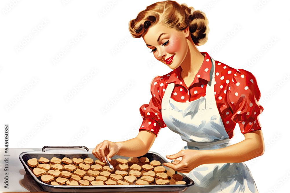woman baking cookies vintage illustration isolated on a transparent background, generative ai ...