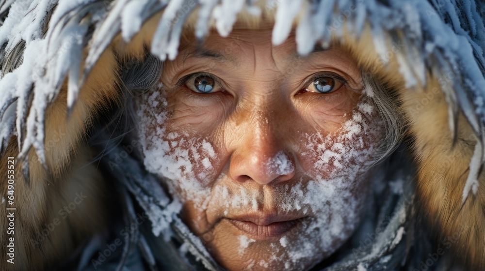 An aged Eskimo woman bundled in reindeer hide, her eyes gently echoing ...