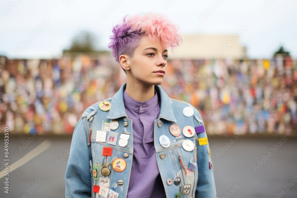 A nonbinary individual in their 20s, with a unique hair with multiple ...
