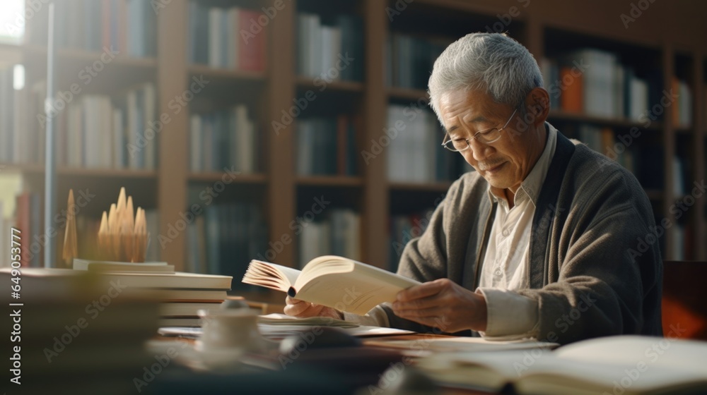 An elderly Asian man sits in a library, pouring over books and research ...