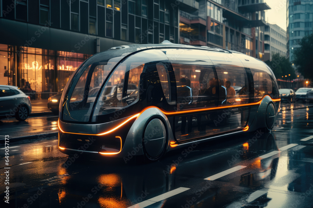 A futuristic self-driving car navigating city streets, representing the ...