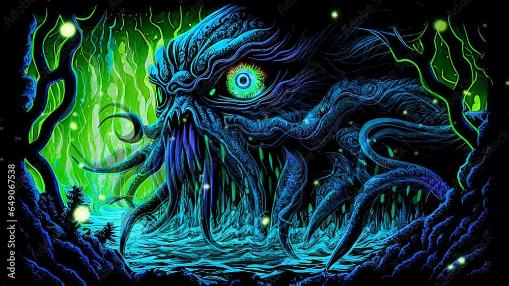 Cthulhu Trippy Blacklight Poster Style VJ Seamless Animation Looping ...