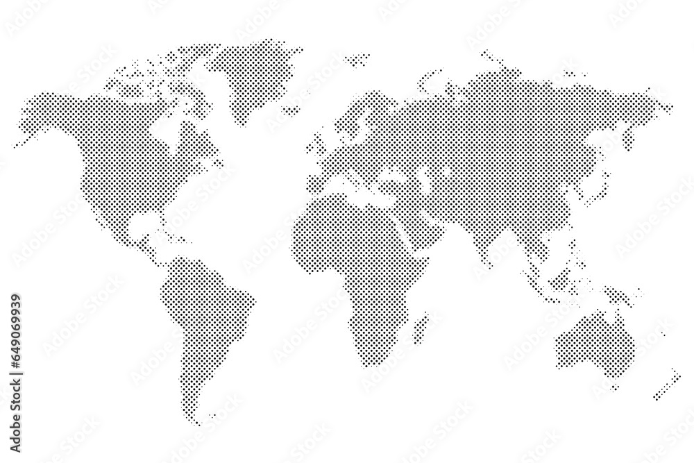 Black halftone dotted world map. Vector illustration. Dotted map in ...