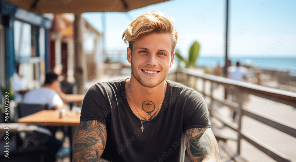 Beautiful attractive young man with blonde hair and body tattoos ...
