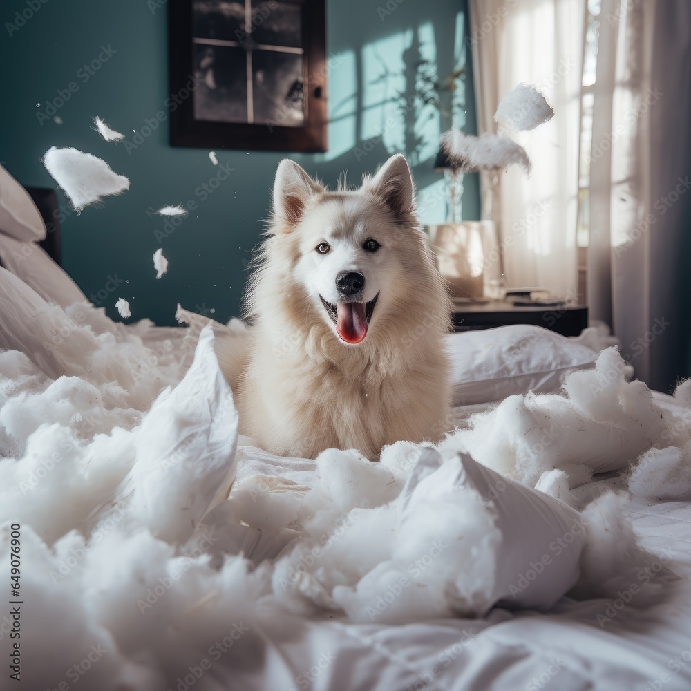 Mischievous dog on a bed wagging its tail next to a shredded pillow ...