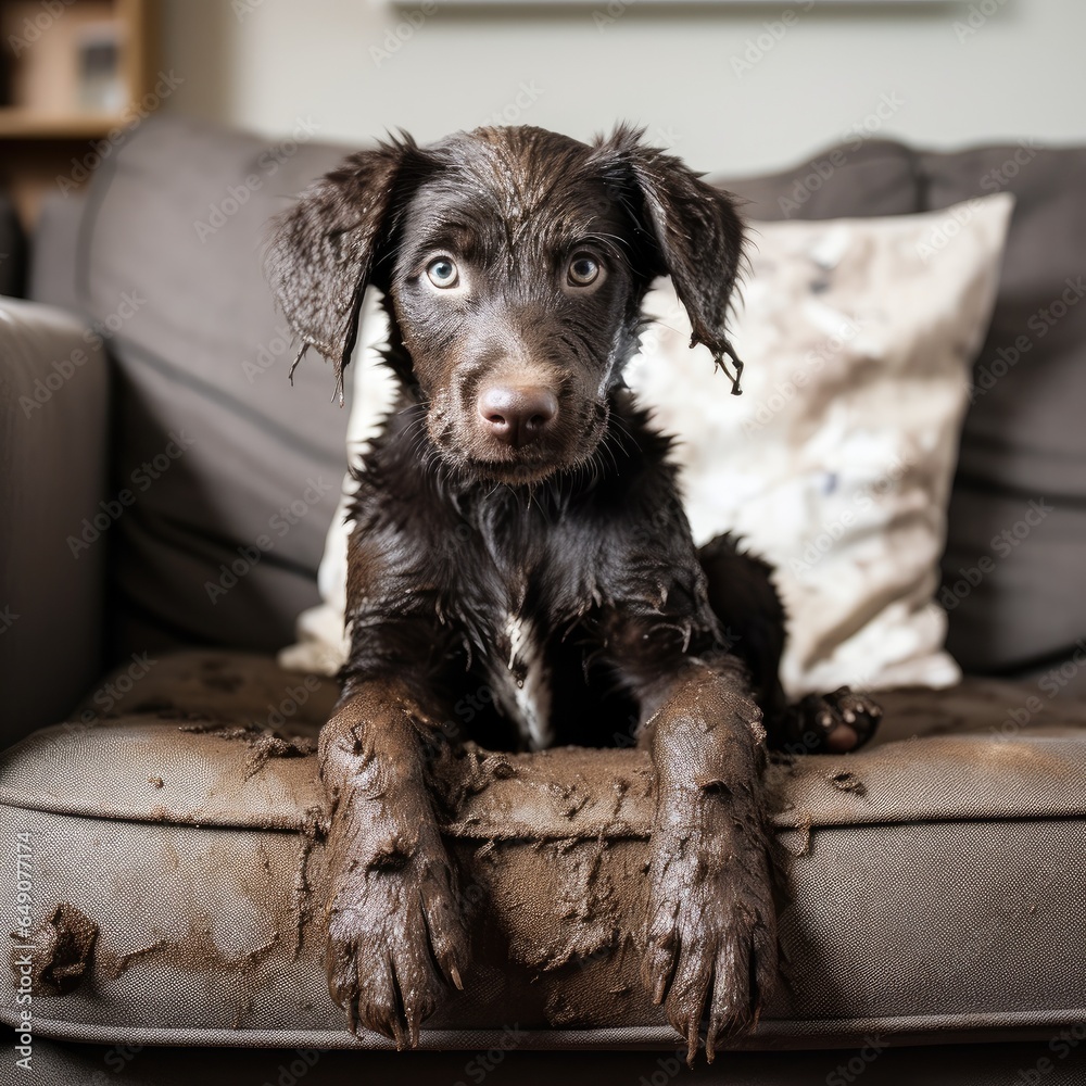 A dog covered in mud with a guilty face is sitting on a clean sofa ...