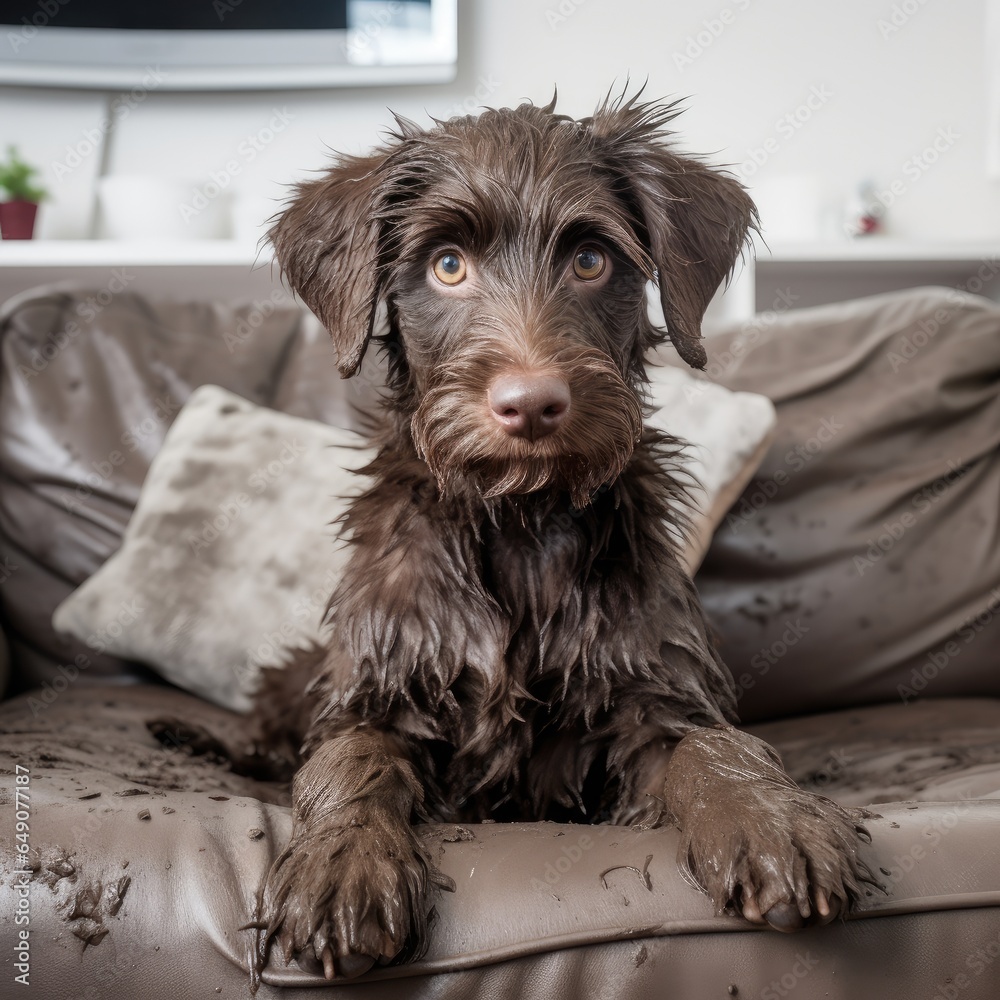 A dog covered in mud with a guilty face is sitting on a clean sofa ...
