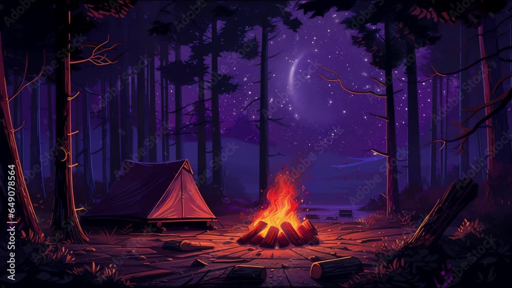 camp fire waving fire dust particles night starry sky animation loop ...