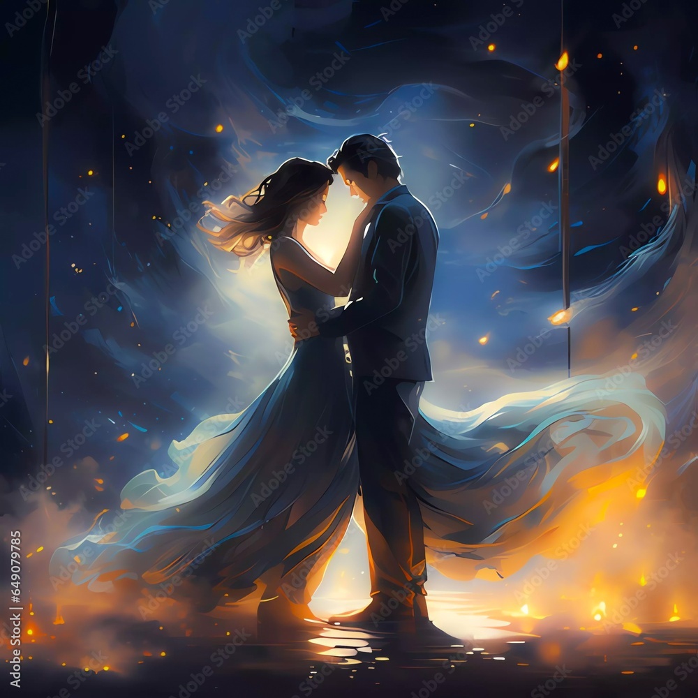 A romantic couple dancing under the moonlight, shown in a dreamy ...