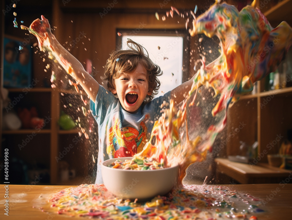 A Photo of a Child Pouring Cereal but it Goes Everywhere, Creating a ...