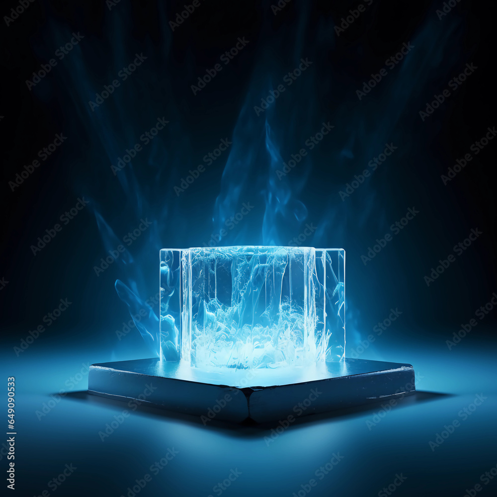 Ice cubes on blue background with cold vapor, 3d glass display stand ...